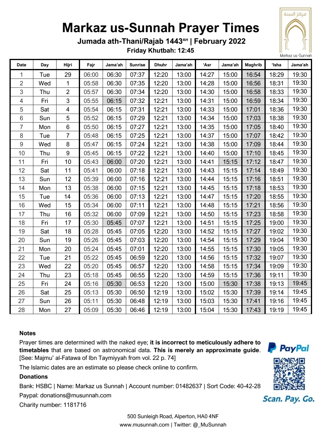 Prayer Time February 2022 – Markaz us-Sunnah